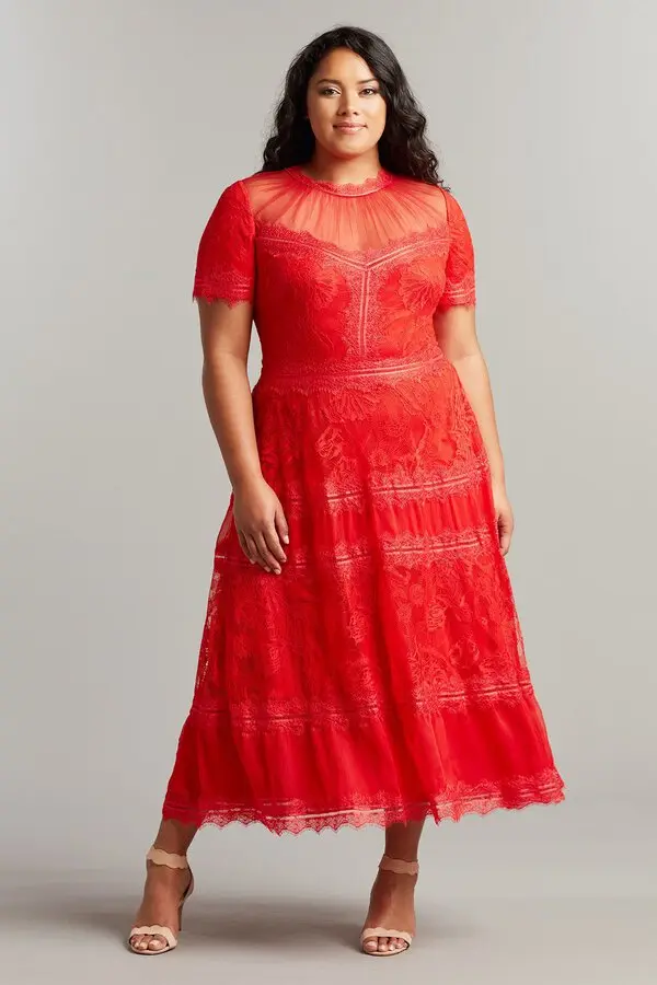 Tadashi Shoji Camilla Tea-length Dress Plus Size - Red Rose
