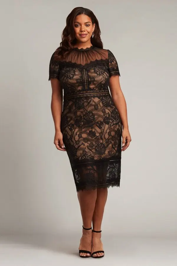 Tadashi Shoji Camilla Pencil Midi Dress- Plus Size - Black/nude