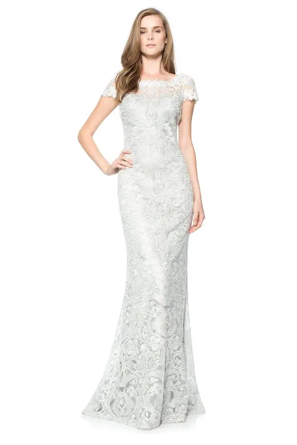 Tadashi Shoji Corded Embroidery On Tulle Cap Sleeve Gown - Silver