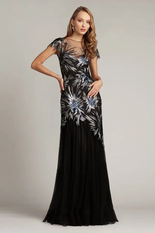 Tadashi Shoji Daphney Metallic Embroidered Tulle Gown - Navy/black