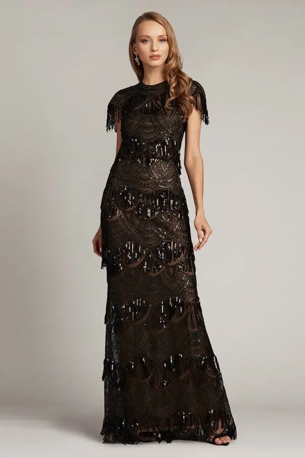 Tadashi Shoji Lorene Sequin Flapper Fringe Gown - Black/nude