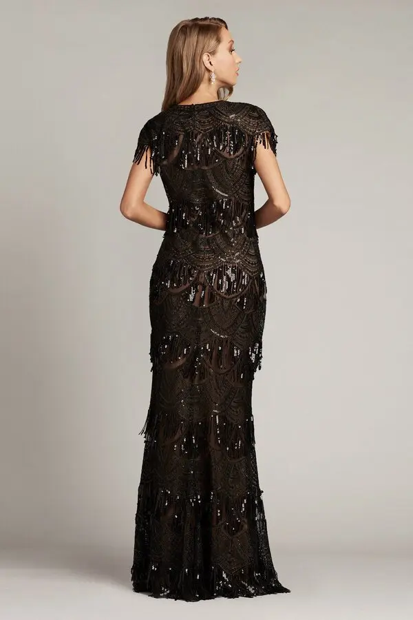 Tadashi Shoji Lorene Sequin Flapper Fringe Gown