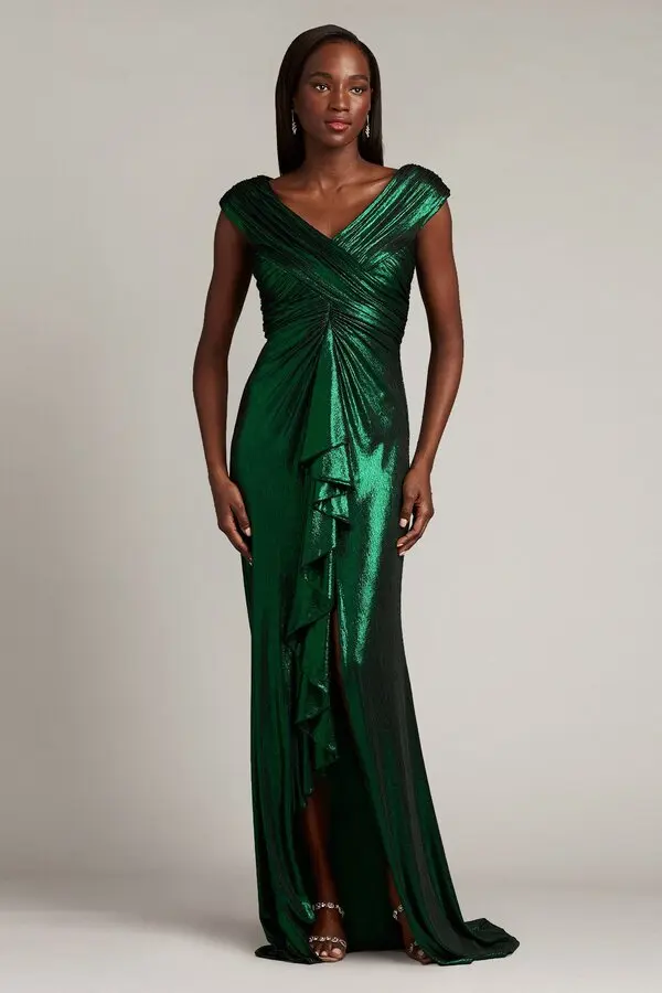 Tadashi Shoji Lucia Draped Metallic Lamé Gown - Pine