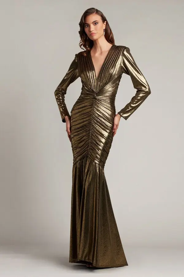 Tadashi Shoji Camellia Metallic Twist Drape Gown - Bronze