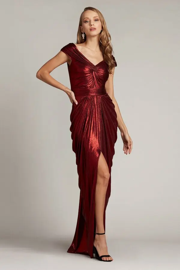 Tadashi Shoji Ellery Draped Metallic Jersey Gown - Lava Red