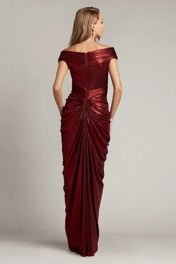 Tadashi Shoji Ellery Draped Metallic Jersey Gown - Lava Red