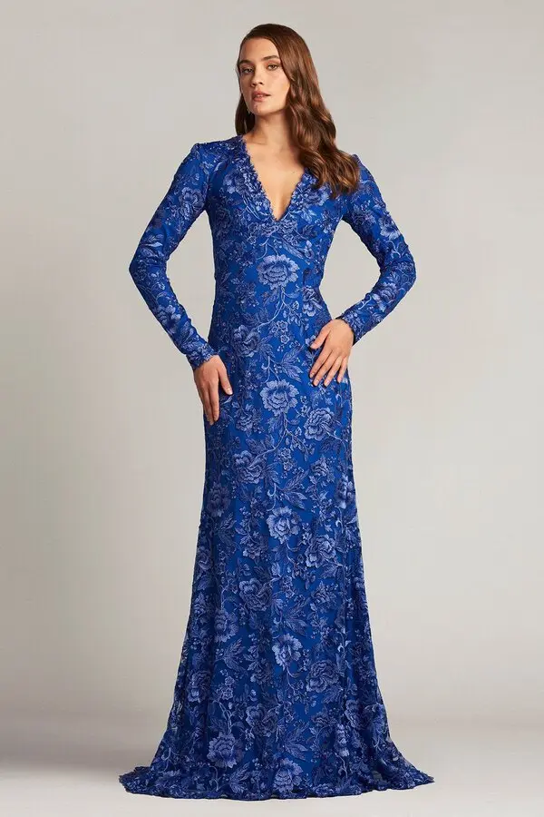 Tadashi Shoji Wilder Long Sleeve Embroidered Gown - Lagoon