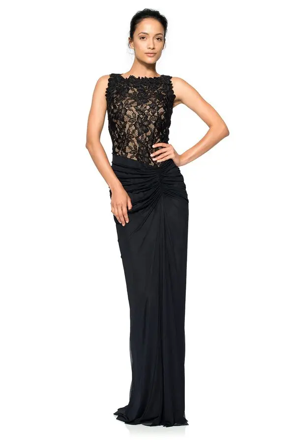 Tadashi Shoji Lace And Draped Tulle Boatneck Gown Petite - Black/nude