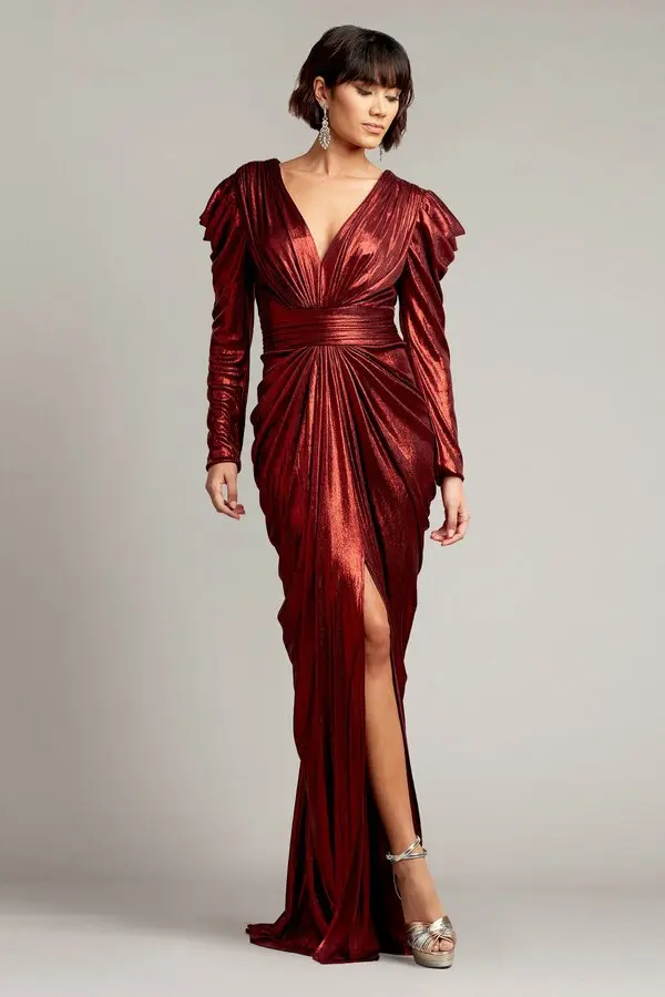 Tadashi Shoji Lava Draped Metallic Lamé Gown - Garnet