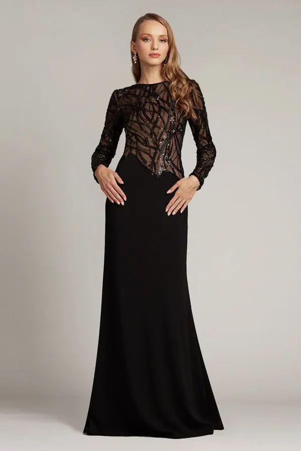 Tadashi Shoji Delphine Beaded Crepe Gown - Black/nude