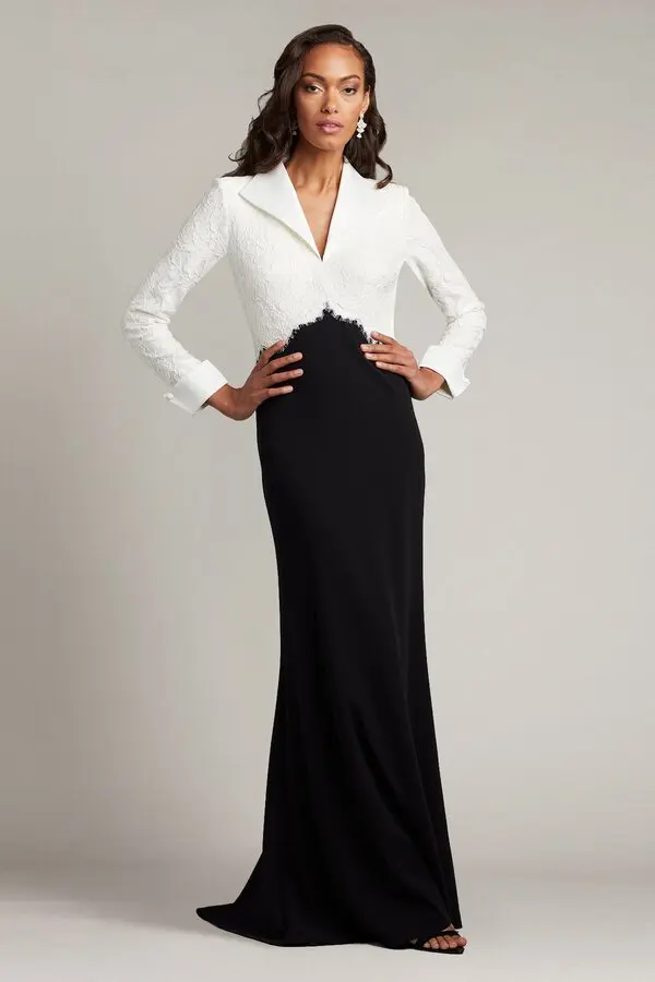 Tadashi Shoji Bridger Two-tone Collared Gown - Ivory/black