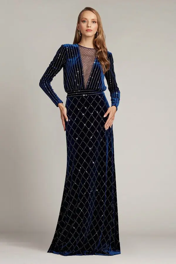 Tadashi Shoji Avi Diamanté Plunge Gown - Marina Blue