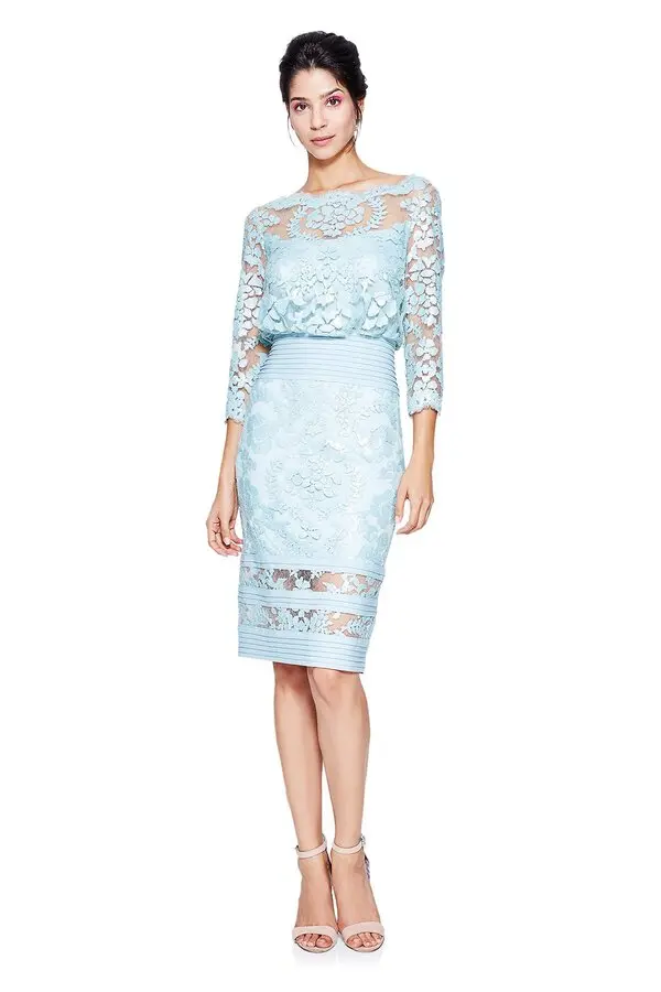 Tadashi Shoji Blouson Waist Paillette Embroidered Lace Dress - Mint