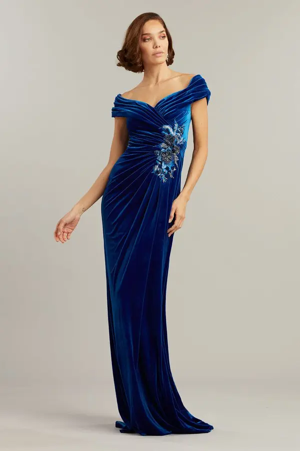 Tadashi Shoji Viola Embroidered Velvet Gown - Cobalt
