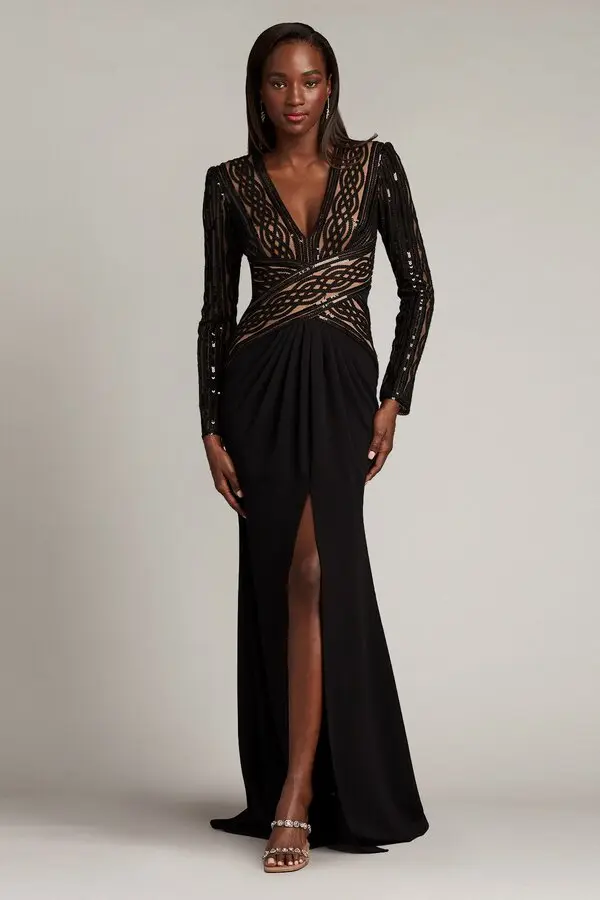 Tadashi Shoji Desiree Braid Embroidered Crepe Gown - Black/nude
