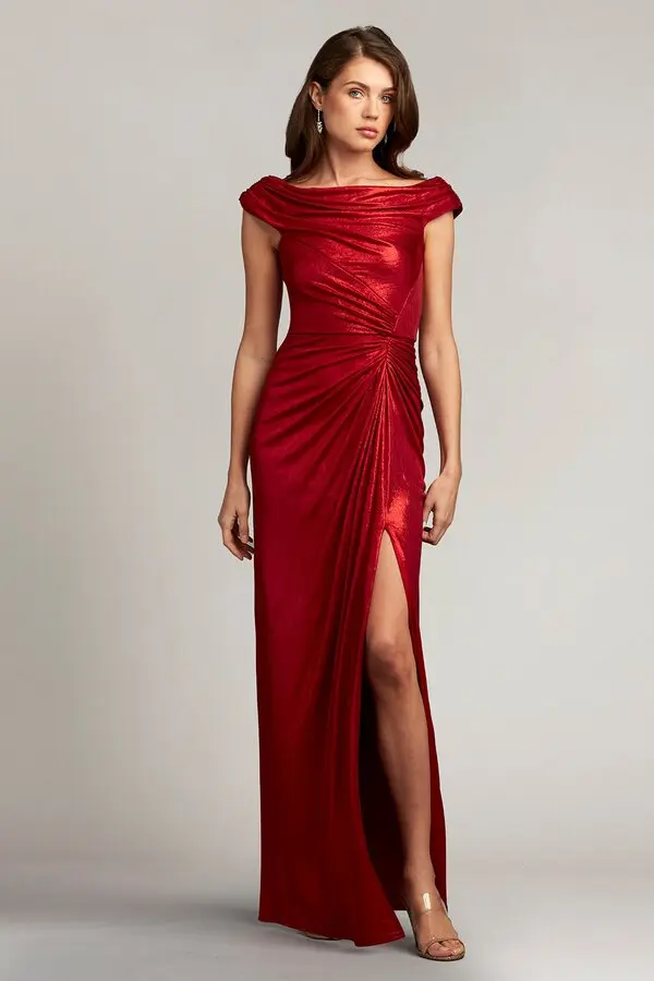Tadashi Shoji Emersyn Draped Lamé Gown - Deep Red