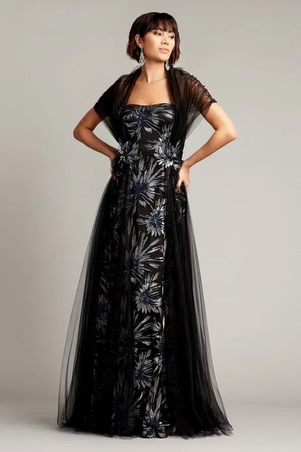 Tadashi Shoji Laverne Tulle Overlay Embroidered Gown - Navy/black