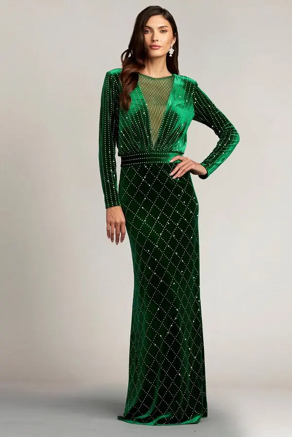Tadashi Shoji Avi Diamanté Plunge Gown - Pine