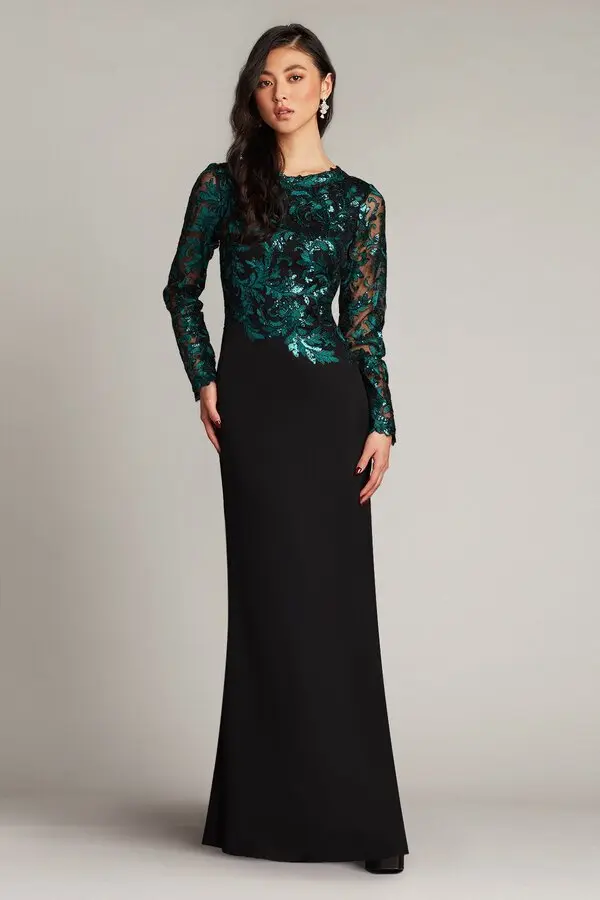 Tadashi Shoji Kanya Long-sleeve Crepe Gown - Elm/black