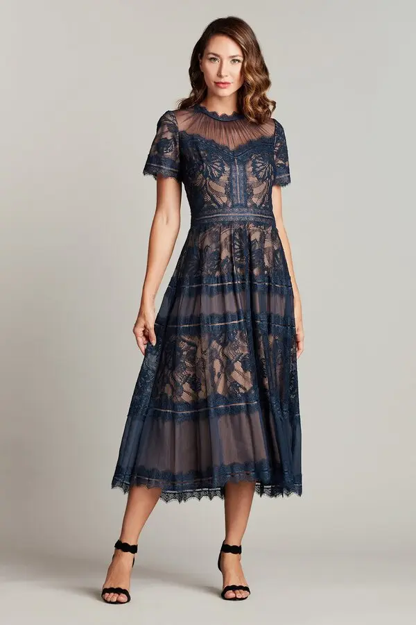 Tadashi Shoji Camilla Tea-length Dress-nv/nd - Navy/nude