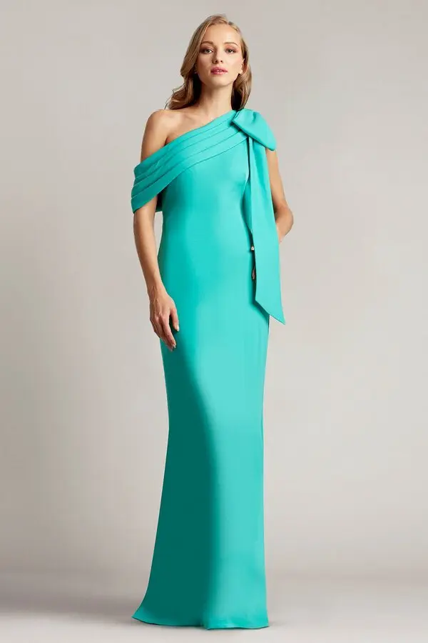 Tadashi Shoji Cassia Bow-shoulder Crepe Gown - Caribbean