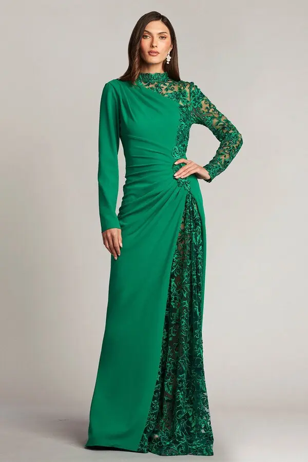 Tadashi Shoji Petra Draped Illusion Gown - Pine