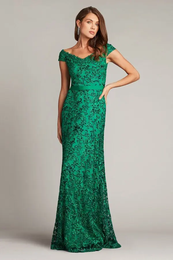 Tadashi Shoji Sonya Belted Lace Gown - Pine