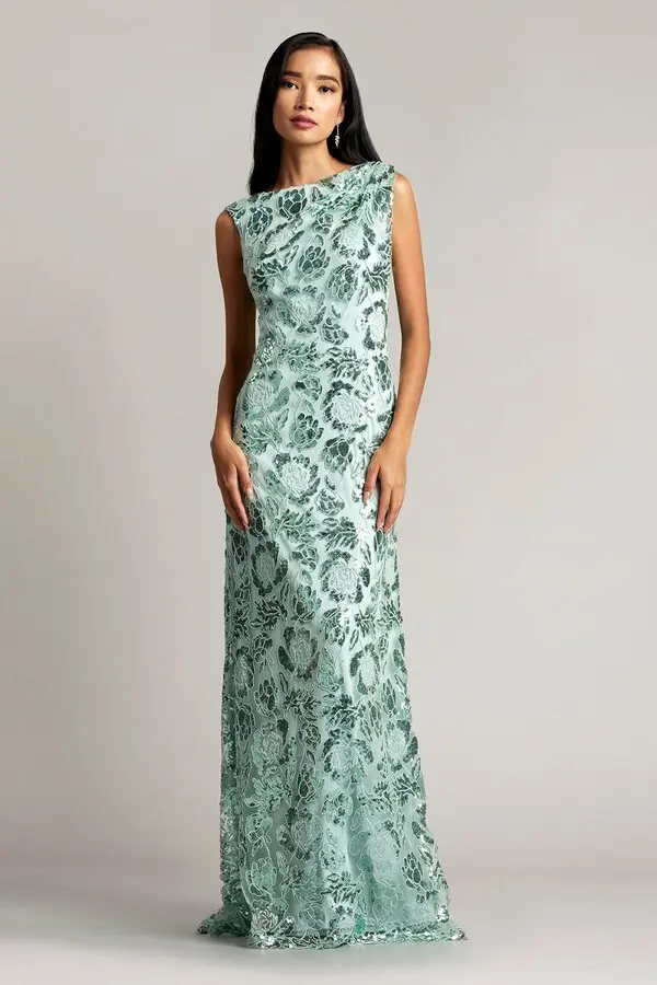 Tadashi Shoji Marina Sequin Embroidered Draped Back Gown - Frosted Jade