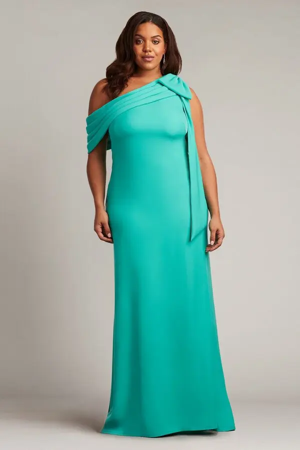 Tadashi Shoji Cassia Bow-shoulder Crepe Gown Plus Size - Caribbean
