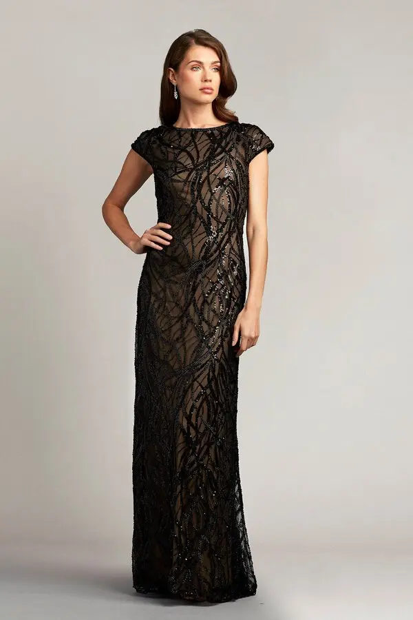 Tadashi Shoji Linnea Beaded Tulle Gown - Black/nude