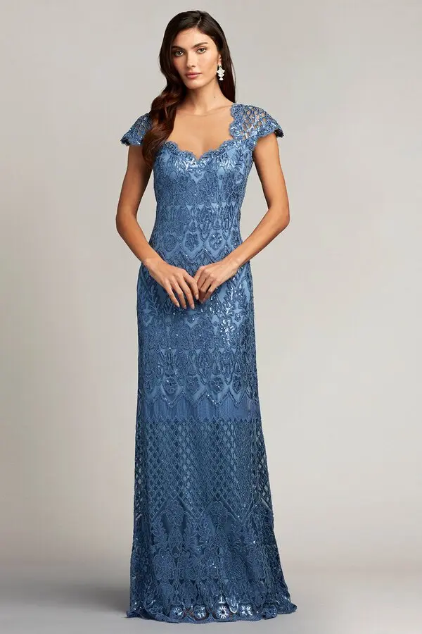 Tadashi Shoji Nowak Sequin Embroidered Gown - Blue Stone