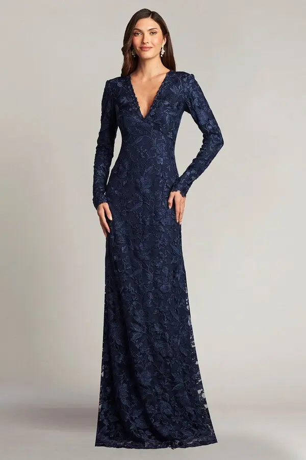 Tadashi Shoji Wilder Long Sleeve Embroidered Gown - Navy