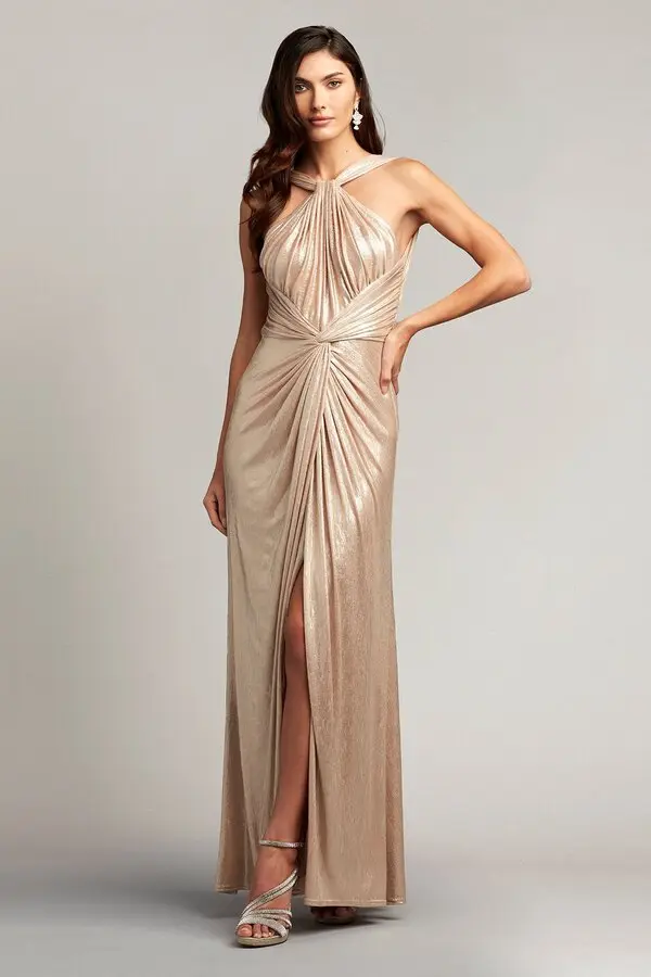 Tadashi Shoji Ambrosia Draped Halter Lamé Gown - Pebble