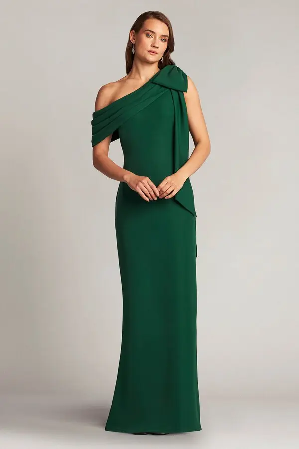 Tadashi Shoji Cassia Bow-shoulder Crepe Gown - Bamboo