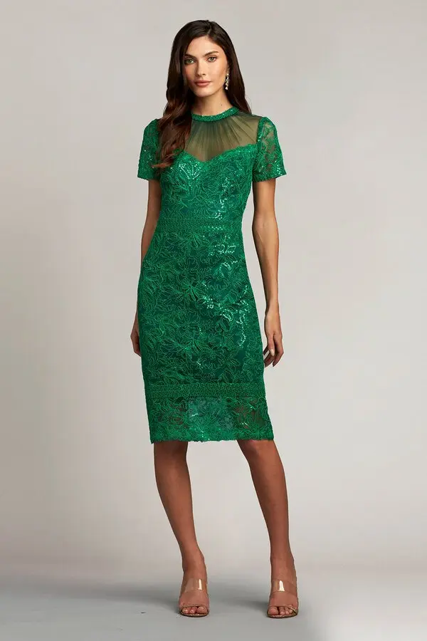 Tadashi Shoji Terran Sequin Embroidered Illusion Dress - Pine