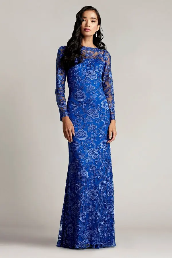 Tadashi Shoji Adalyn Embroidered Illusion Gown - Lagoon