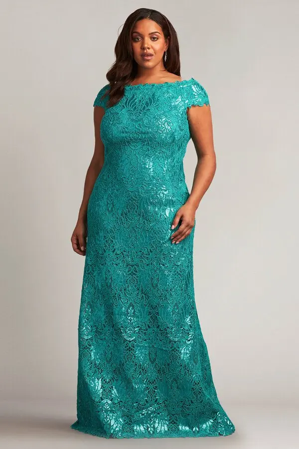 Tadashi Shoji Fisher Sequin Embroidered Gown Plus Size - Caribbean