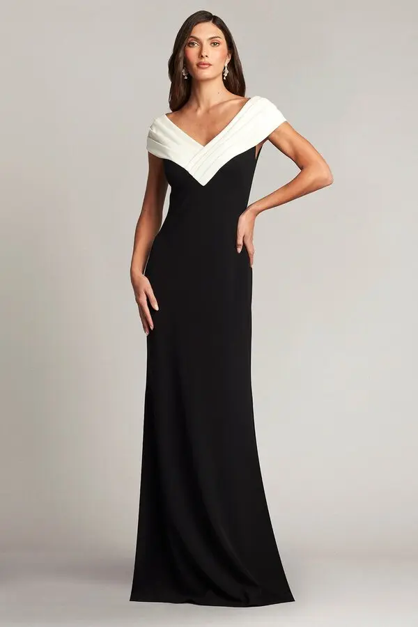 Tadashi Shoji Maribel Draped V-neck Gown - Ivory/black