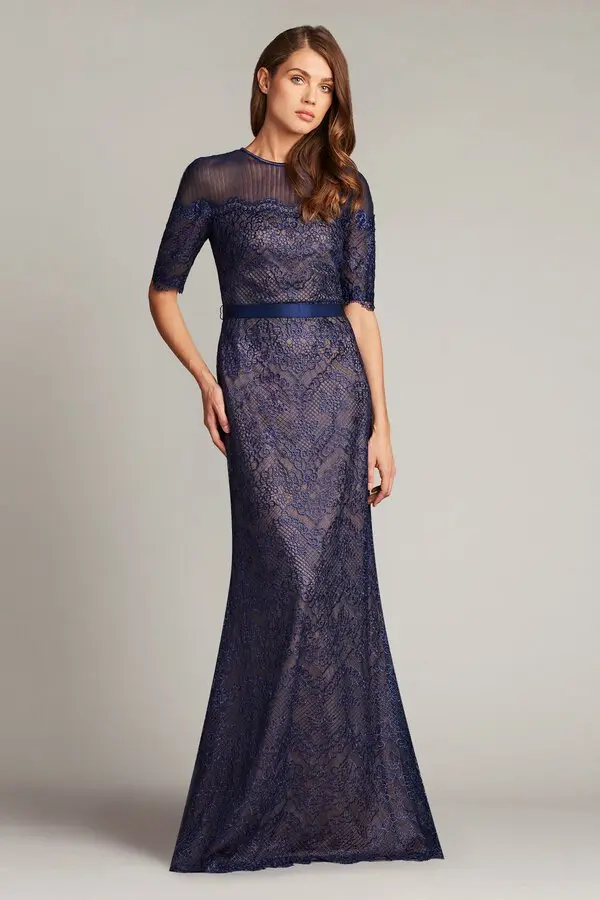 Tadashi Shoji Oden Belted Lace Gown - Navy