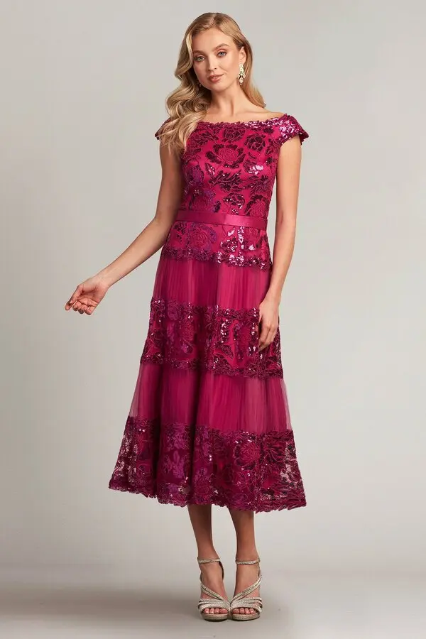 Tadashi Shoji Charlotte Sequin Embroidered Tea-length Dress - Dahlia