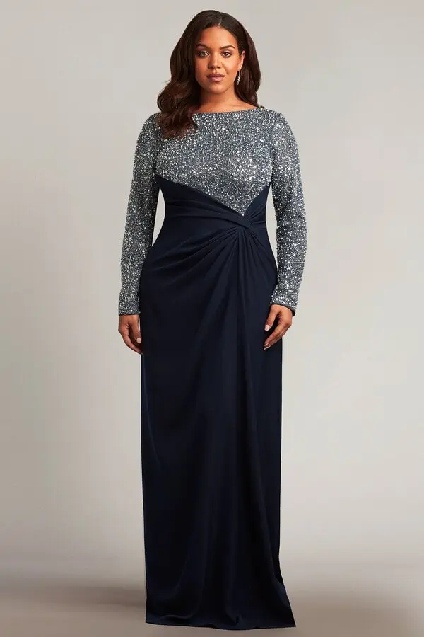Tadashi Shoji Rhys Embellished Twist Drape Gown Plus Size - Navy