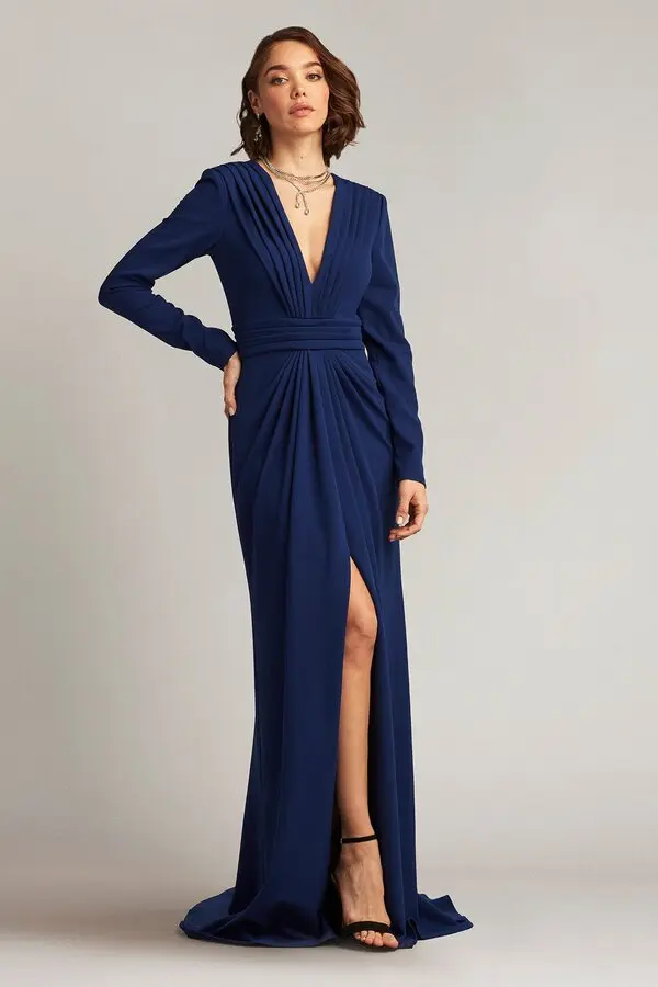 Tadashi Shoji Copeland Draped Plunge Gown - Night Blue