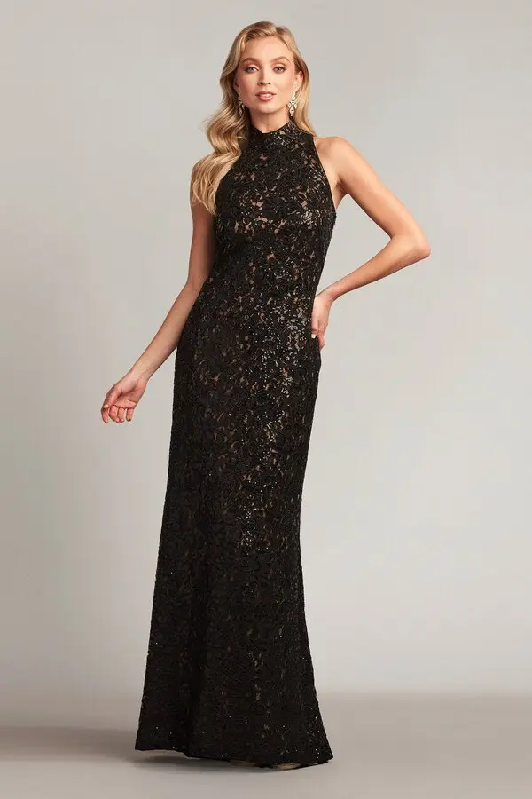 Tadashi Shoji Joy Sequin Embroidered Halter Gown - Black/nude