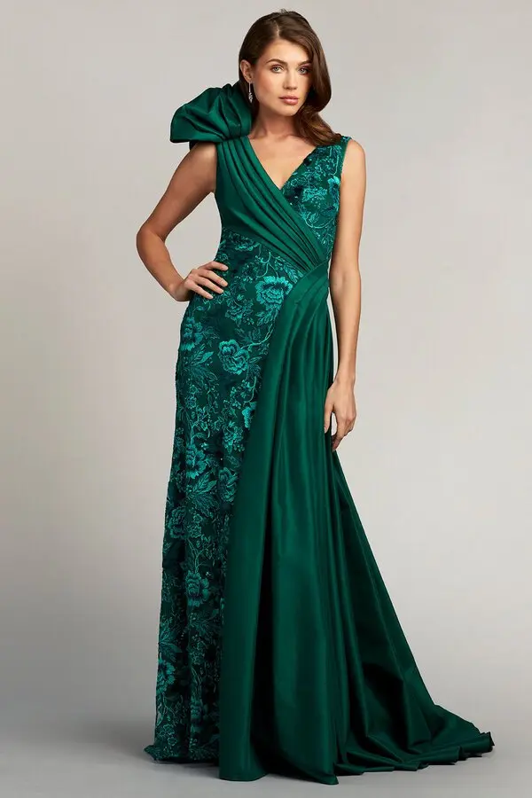Tadashi Shoji Strauss Draped Shoulder Puff Gown - Bamboo