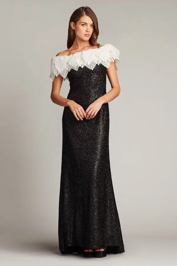 Tadashi Shoji Taj Crochet Lace Off-shoulder Sequin Gown - Ivory/black