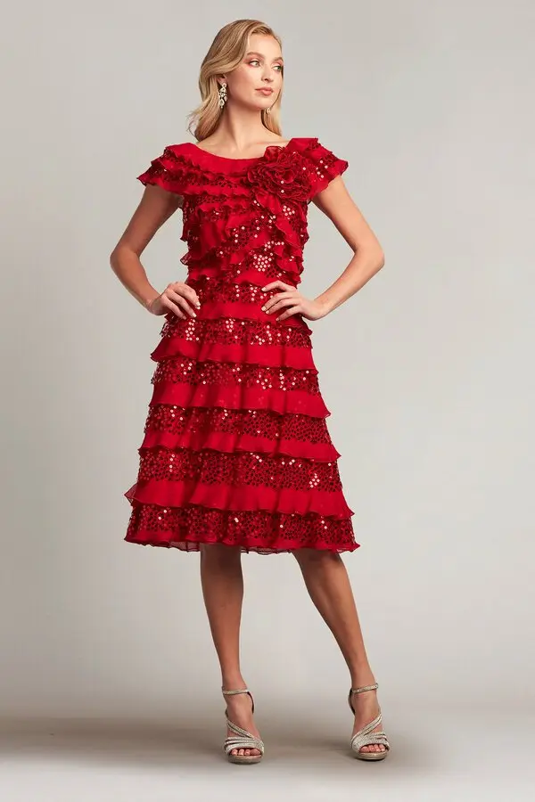 Tadashi Shoji Eston Embellished Tiered Ruffle Dress - Geranium