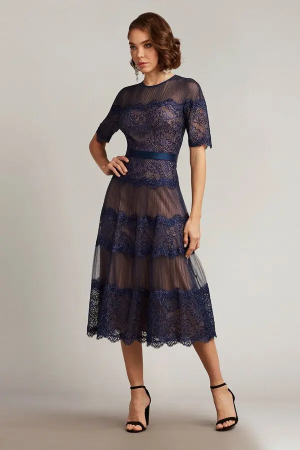 Tadashi Shoji Dona Pleated Tulle Midi Dress - Navy