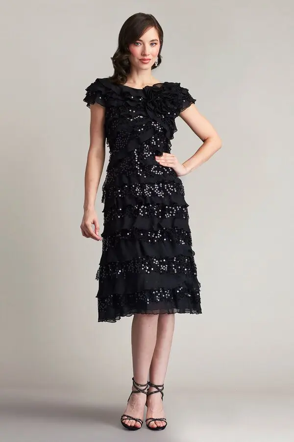 Tadashi Shoji Eston Embellished Tiered Ruffle Dress - Black