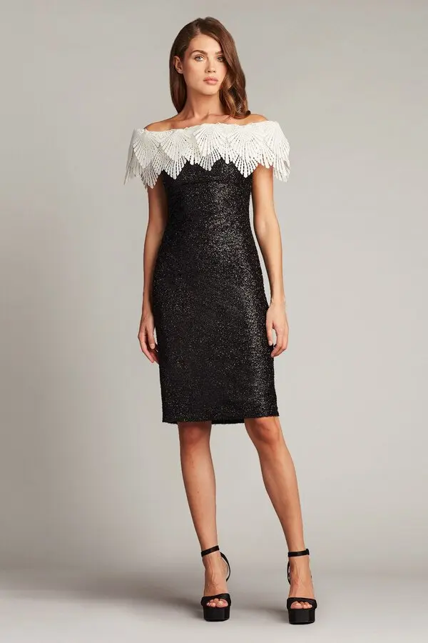 Tadashi Shoji Taj Crochet Lace Off-shoulder Sequin Dress - Ivory/black