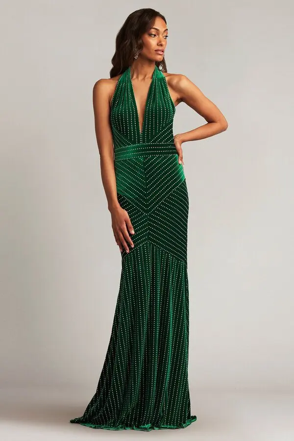 Tadashi Shoji Reinie Diamanté Plunge Halter Gown - Pine